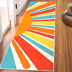 GarveeHome Extra Long Hallway Runner Rug 3x8 Washable Runner Rug Colorful Sunrise Nursery Rug Boho Retro Runner Carpet Non-Slip Throw Floor Covers Rainbow Kids Rug for Living Room Bedroom, Multi