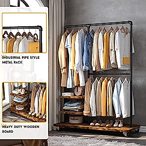 Raybee Clothes Rack Heavy Duty Clothing Rack, 400LBS Rolling Garment Rack with Shelves, Industrial Clothing Rack with Shelves, Portable Adjustable Clothes Rack for Hanging Clothes, Rustic Brown