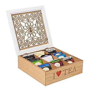 Mind Reader Decorative Tea Bag Organizer, 90 Bags, Countertop Organizer, Coffee Bar, Kitchen, 9.45"L x 9.45"W x 3.15"H, Brown