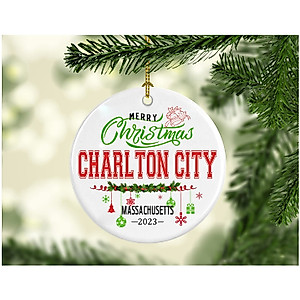 Christmas Decorations Tree Ornament 2023 Gifts Hometown City State - Merry Christmas Charlton City Massachusetts Gift for Family Rustic 1St Xmas Tree in Our New Home 3 Inches White