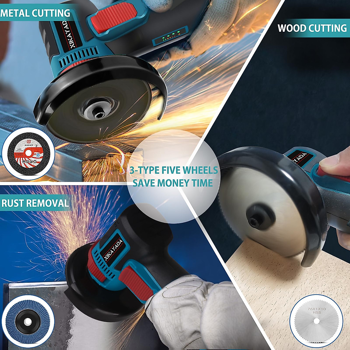 Mini Angle Grinder, 12.6V 3inch Angle Grinder with 2 * 2500mAh Batteries and 5 Grinding Wheels, Brushless Motor 19500RMP Cordless Grinder, Cutting/Deburring/Derusting Grinder Tool (Blue)