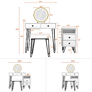 AVZEAR Vanity Mirror, Dressing Table with Lighted Mirror Makeup Dressing Table with Large Drawer and 4-Drawer Chest, 3-Color Touch Screen Dimmable Mirror with Cushioned Stool, White