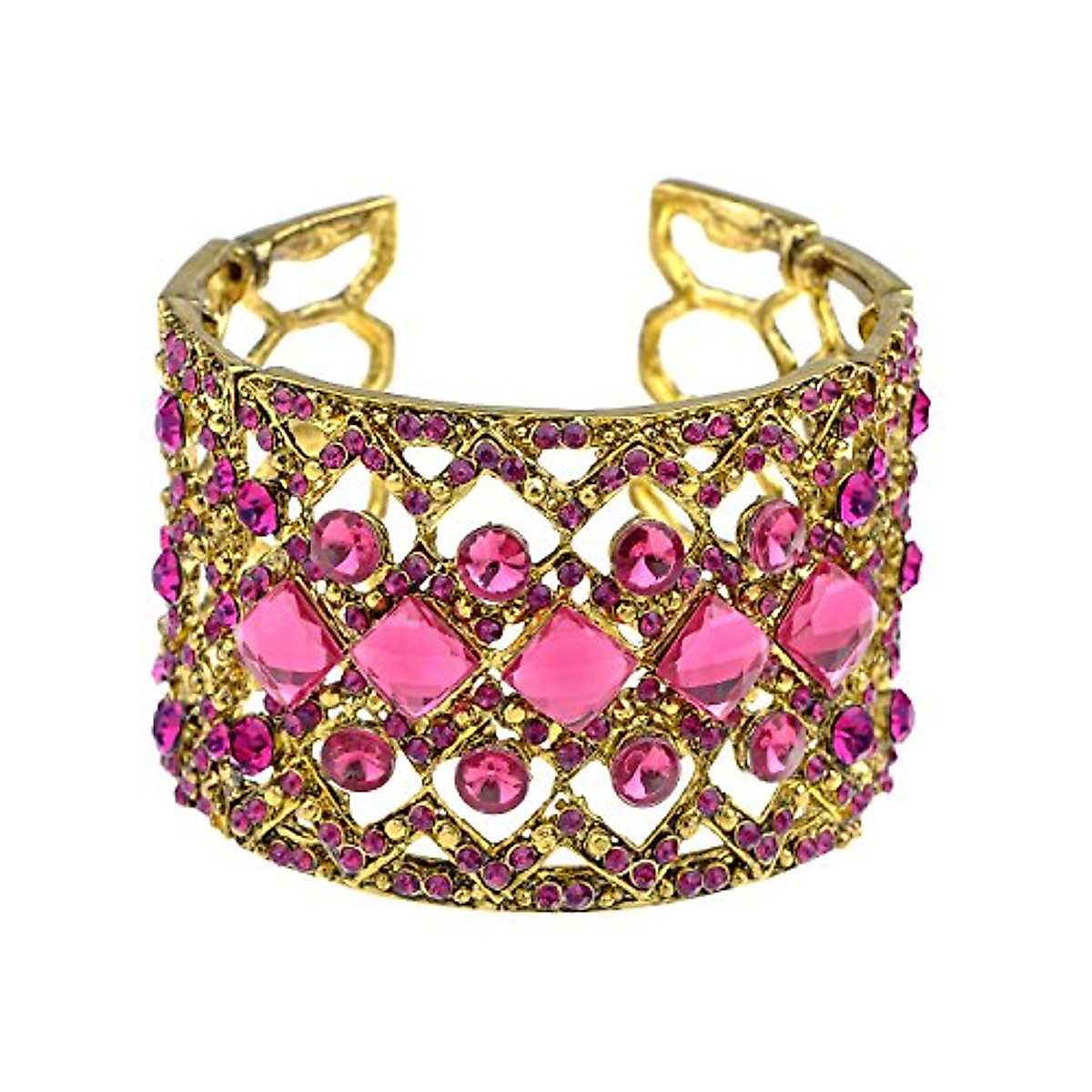 Alilang Womens Rhinestone Bracelet Exotic Golden Tone Fuchsia Pink Crystal Cuff Bangle