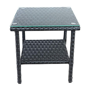 Rattaner Outdoor PE Wicker Rattan Side Table - Patio Rattan Garden Coffee End Square Table with Glass Top-2-layer Table Furniture, Black