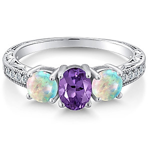 Gem Stone King 925 Sterling Silver Purple Amethyst and White Simulated Opal Women Ring (1.88 Ct Oval Gemstone Birthstone) (Size 9)