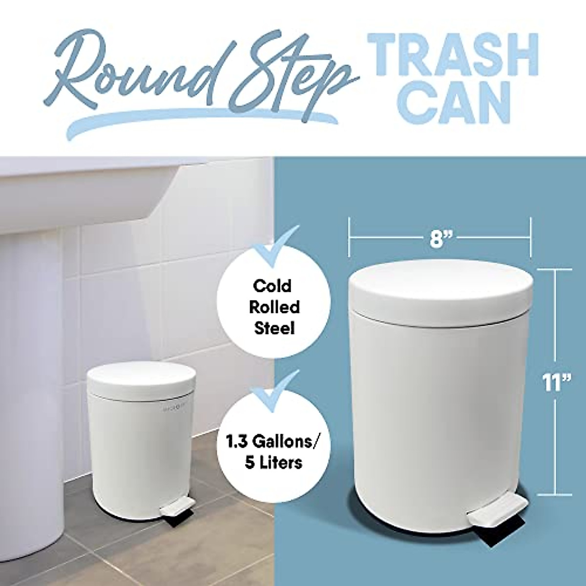 MICRODRY - Round Garbage Can with Slow Close Lid, Rust-Resistant Step Trash Can with Lid and Inner Trash Bin, Trashcan for Your Kitchen or Bathroom, White Garbage Bin with White Lid, 5-Liter Capacity