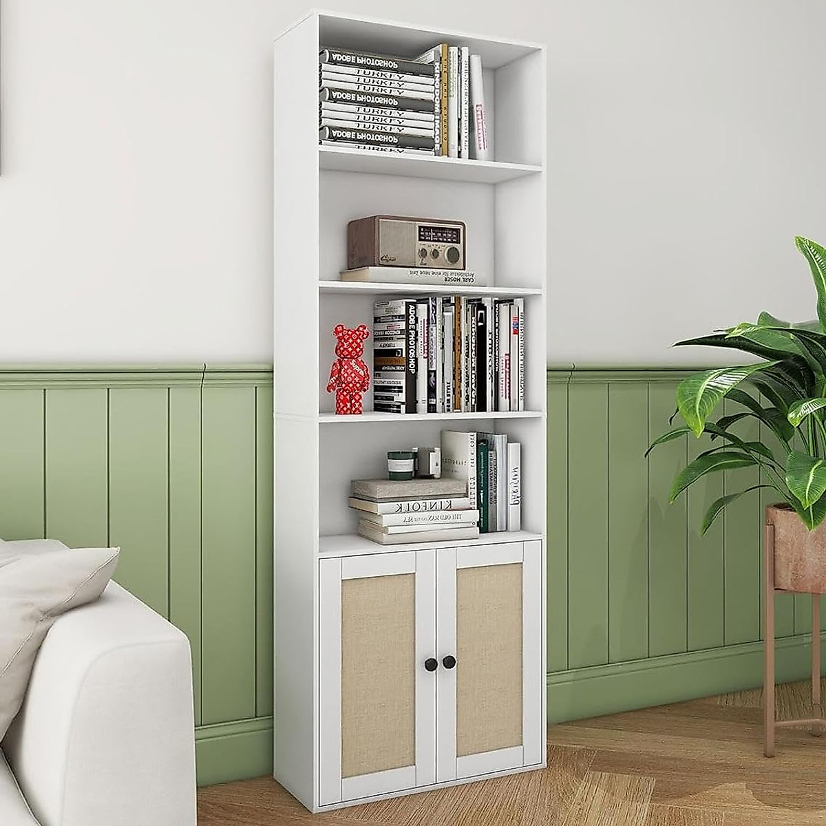70" Tall Bookcase with Doors, White 5 Tier Large Bookshelf with Cabinet, Standing Wood Display Book Shelf for Living Room, Office, Library with Doors