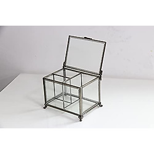 Hersoo Glass Dustfree Qtip Holder Dispenser for Cotton Ball/Antique Decorative Box with 3Compartments for Pad/Swab/Q Tips/Makeup Sponges/Bathroom Canister Storage Organization