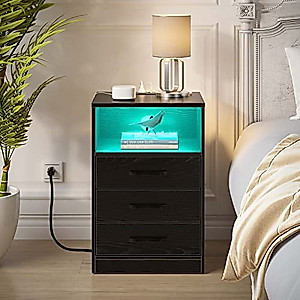 Seventable Nightstand with Wireless Charging Station and LED Lights, Modern End Side Table with 3 Drawers and Open Compartment for Bedroom, Black
