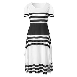 F_Gotal Womens Dresses Summer Casual Crew Neck Striped Short Sleeve Long Maxi Dress Holiday Evening Party Cocktail White