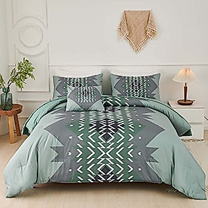 ANGIYUIN 6Pcs Boho Sage Green Comforter Set, Full Size Bed in a Bag, Ultra Soft Microfiber Bedding Set, Western Geometric Lightweight Comforters (Full, Green)