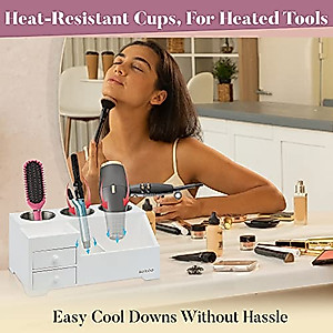 Boxoo Hair Tools Organizer with Drawers - Blow Dryer, Curling Iron, Straightener, Hair Brush Holder - Dressing Table, Bathroom Countertop Storage Caddy - Makeup, Toiletries, Hot Tools Holder, White
