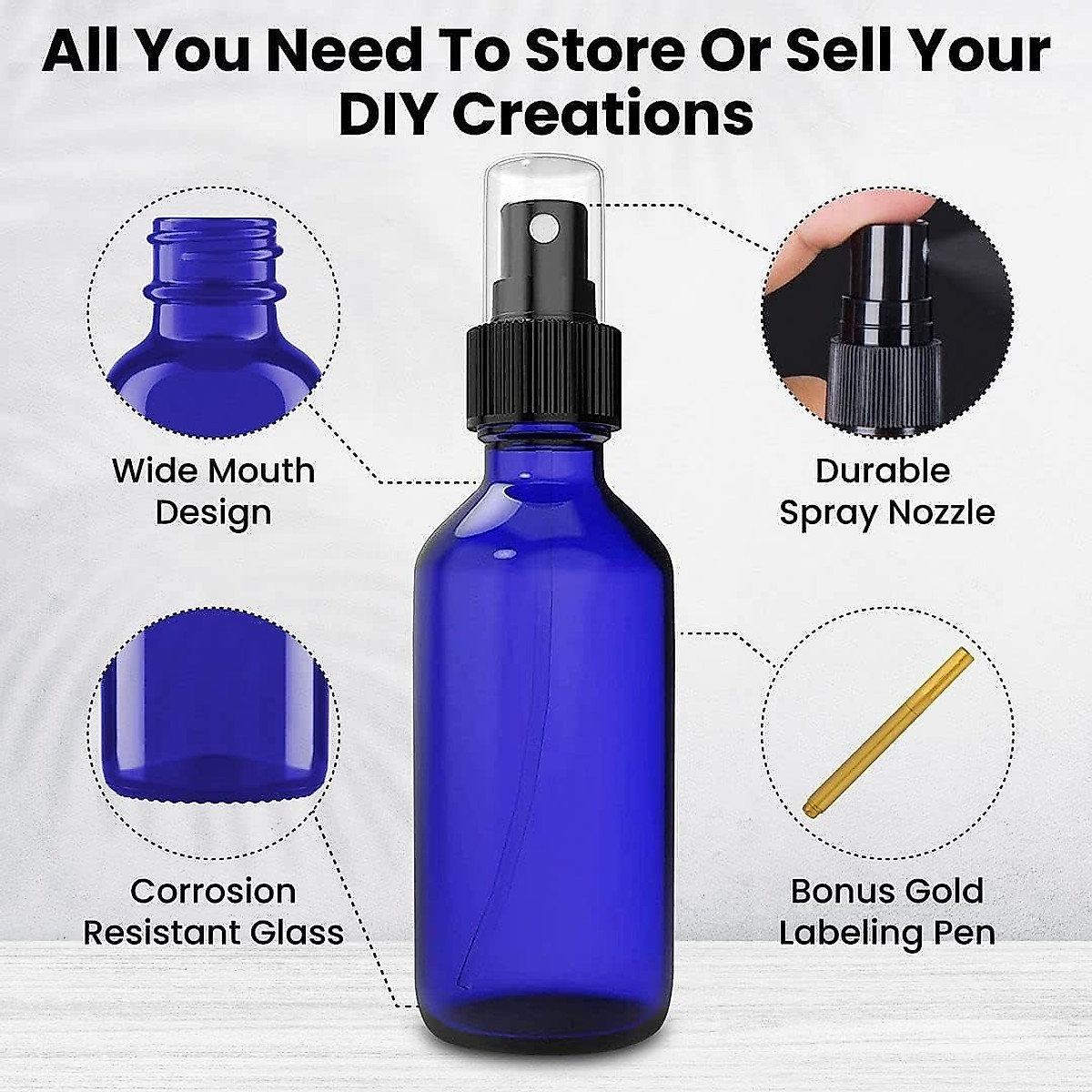 CULINAIRE 2oz Glass Spray Bottles for Essential Oils with Gold Pen Marker, Small Fine Mist Spray Bottle, Refillable, for Hair Spray, Essential Oils, Colognes, and Hand Sanitizers, Blue, Pack of 24