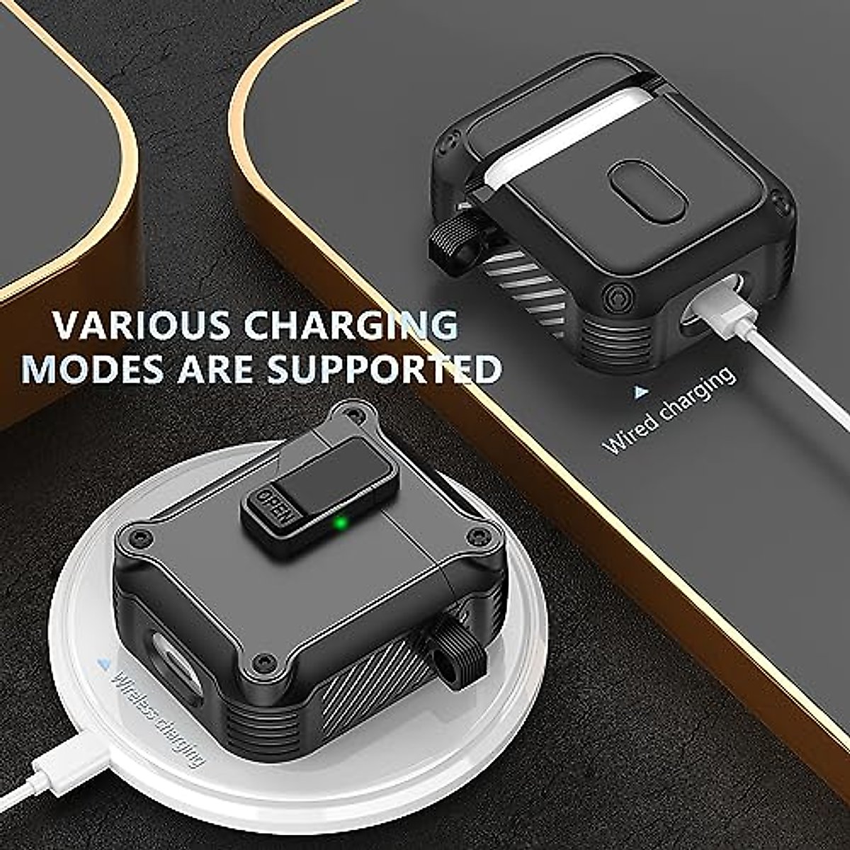 Airpods Case Cover with Cleaner kit,Automatic Snap Switch Design with Secure Lock Clip Protection for Apple Airpods 2nd/1st Generation Charging Case（Black）