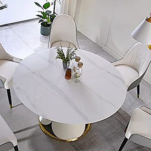 HomSof Modern Sintered Stone Round Dining Table Set with Stainless Steel Base with 6 pcs Chairs, 7 Pieces, White+Grey
