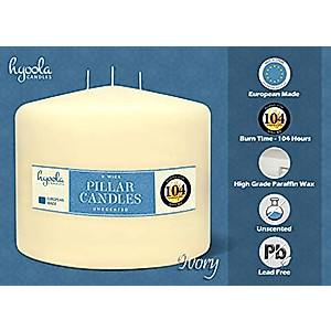 HYOOLA Ivory Three Wick Large Candle - 6 x 4.75 Inch - Unscented Big Pillar Candles - 104 Hour - European Made