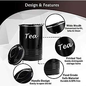 Farmhouse Canisters Set of 4, Food Storage Container for Kitchen Decor, Rustic Metal Countertop Canisters with Airtight Lids for Sugar, Coffee, Tea - Black