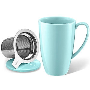 Yedio Porcelain Tea Mug with Infuser and Lid- 15 Ounce Tea Cup with Filter for Tea, Milk, Coffee, Loose Leaf Tea Infusers, Turquoise