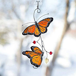 dxS8hhuo Stained Monarch Butterfly Glass Window Decor, Hanging Butterfly Decorations, Stained Glass Wall Art for Garden Yellow
