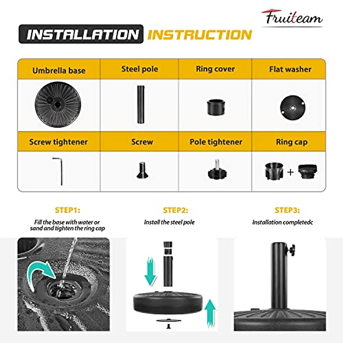 FRUITEAM 48lbs Outdoor Fillable Plastic Patio Umbrella Base, Heavy Duty Market Table Umbrella Base Weighted Stand, 1.49-inch Thickened Steel Pole Holder for 6-9Ft Straight-Pole Garden Umbrellas