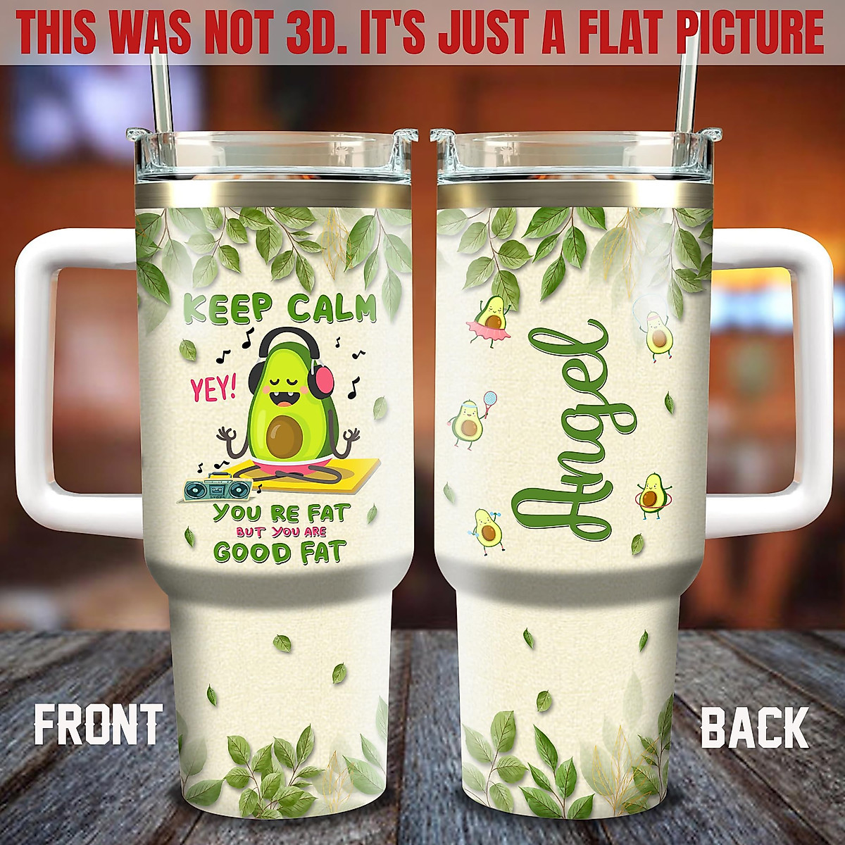WAZONE Personalized Avocado Tumbler Cup With Lid Custom Name Tumbler 40oz with Handle and Straw Travel Mug Cute Exercise Yoga Cups With Funny Sayings Gift For Fitness Enthusiast Women Girls
