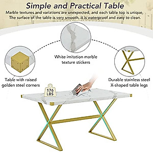 Merax 7-Piece Modern Furniture Set, Rectangular Marble Texture Kitchen Table, and 6 PU Leather Chairs with X-Shaped Gold Steel Pipe Legs for Dining Room, 7Pcs, White