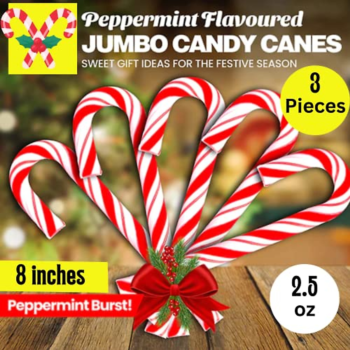 Red & White Jumbo Candy Canes Peppermint Flavor 8in Classic Hard Candy Suckers for Kids Adults Christmas Tree Table Decoration Xmas Stocking Stuffers Holiday Goody Bag Filler & Party Favor 3 Count