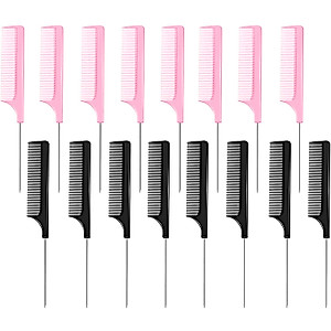 16 Pcs Rat Tail Comb Foiling Steel Pin Rat Tail Fiber Heat Resistant Teasing Combs with Pintail for Women Girls Hair Styling(Black and Pink)