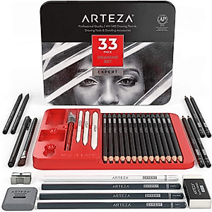 Arteza Drawing Set for Adults, Set of 33 Artist Sketching Tools, 20 Graphite & 4 Charcoal Sketch Pencils, 1 Fineliner, 3 Blenders, 1 Sharpener, 3 Erasers & 1 Hobby Knife, Art Supplies for Drawing