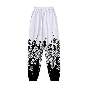 White L Cotton Women's Sweatpants With Pockets Elastic Waistband Linen Summer Baggy Leggings Boho Flower Fall Pants Vintage Graphic Patchwork Warm