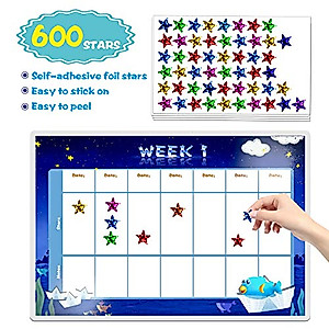 SpriteGru Potty Training Reward Chart with 4X Waterproof Weekly Charts, 6X Diploma, 600X Colorful Stars. Perfect for Multiple Toddlers’ Motivational Toilet Training (Each chart 11” X 7”)