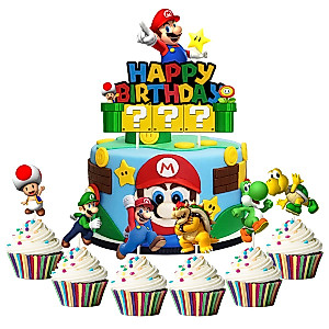 7pcs Acrylic Super Mario Happy Birthday, Mario Bros Smash Cake Topper, Party Supplies for Children