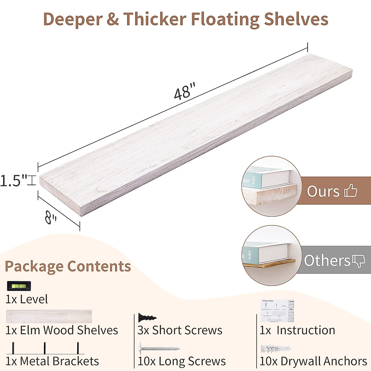 Axeman Floating Shelves for Wall, Rustic Elm Wood 48''W x 8" D Wall Shelf with Invisible Bracket, Large Long Wall Mounted Storage Shelves for Living Room, Bedroom, Kitchen, Bathroom Decor, White Wash