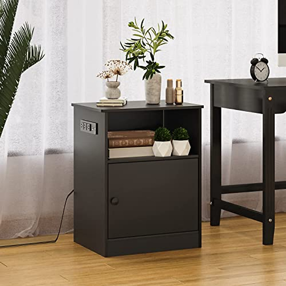 EPHEX Set of 2 End Table with USB Ports & Power Outlets, Black Nightstand with Charging Station, Side Table with Storage Cabinet for Home Office