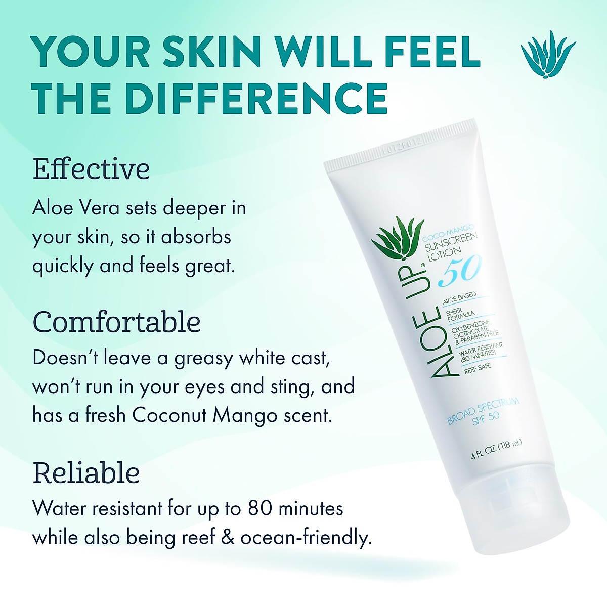 Aloe Up White Collection Sunscreen Lotion SPF 50 - Broad Spectrum UVA/UVB Sunscreen Protector for Face and Body - With Aloe Vera Gel - Alcohol-Free - Reef Friendly - Coco-Mango Fragrance - 4 Oz