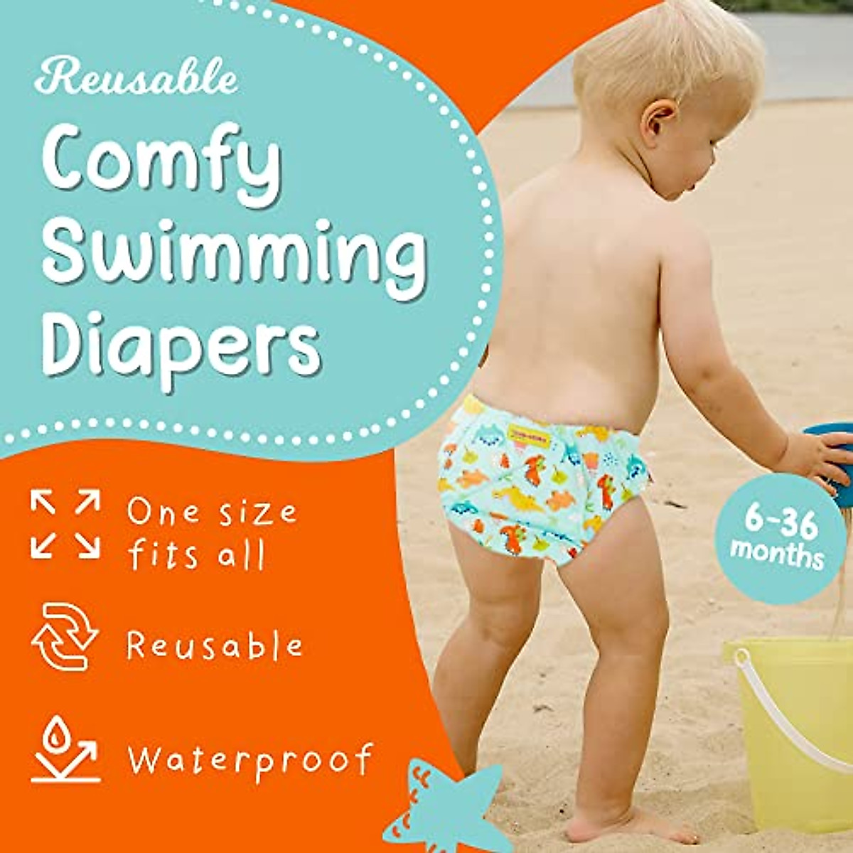Cheekaaboo 2-in-1 Reusable Swim Diapers, Multipurpose Baby Swim Diaper, Leak-Proof Reusable Diapers with Inserts, Made for Beach, Pool and Outdoors, Turquoise/Dino, Fits Babies 6 Months to 3 Years