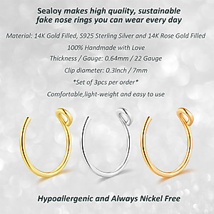 Set of 3 - Fake Clip On Nose Ring Hoop for Women - No Piercing Needed - 22 Gauge - 7mm - Faux Nose Septum Ring - Gold, Sterling Silver, Rose Gold - 22g