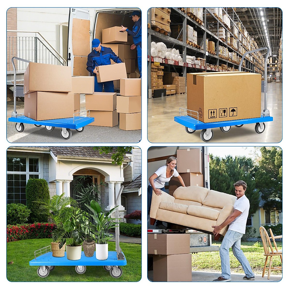 Platform Truck Dolly Cart Folding Platform Cart with 1320 lbs Weight Capacity and 360 Degree Swivel Wheels, 41" L x 24" W Foldable Push Hand Cart for Loading and Storage, 5 Wheels Blue