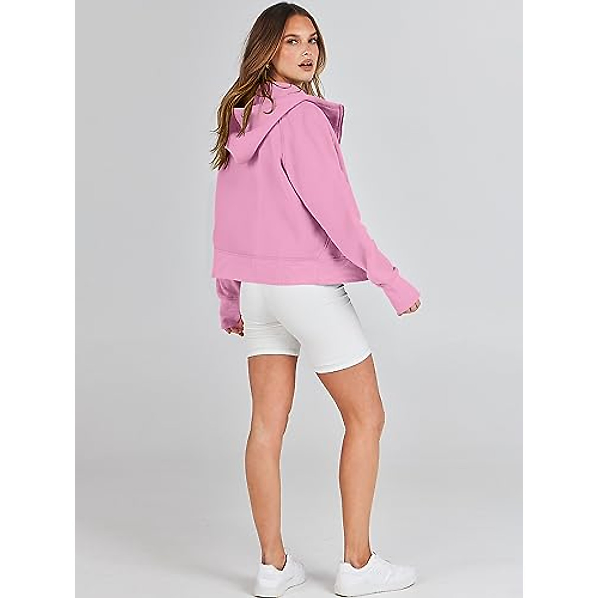 ANRABESS Women's Zip Up Cropped Hoodie Oversized Fall Sweatshirts Y2k Jacket Workout Crop Tops Rib Knitted Casual Long Sleeve Shirts Comfy Clothes A1015fense-M Pink
