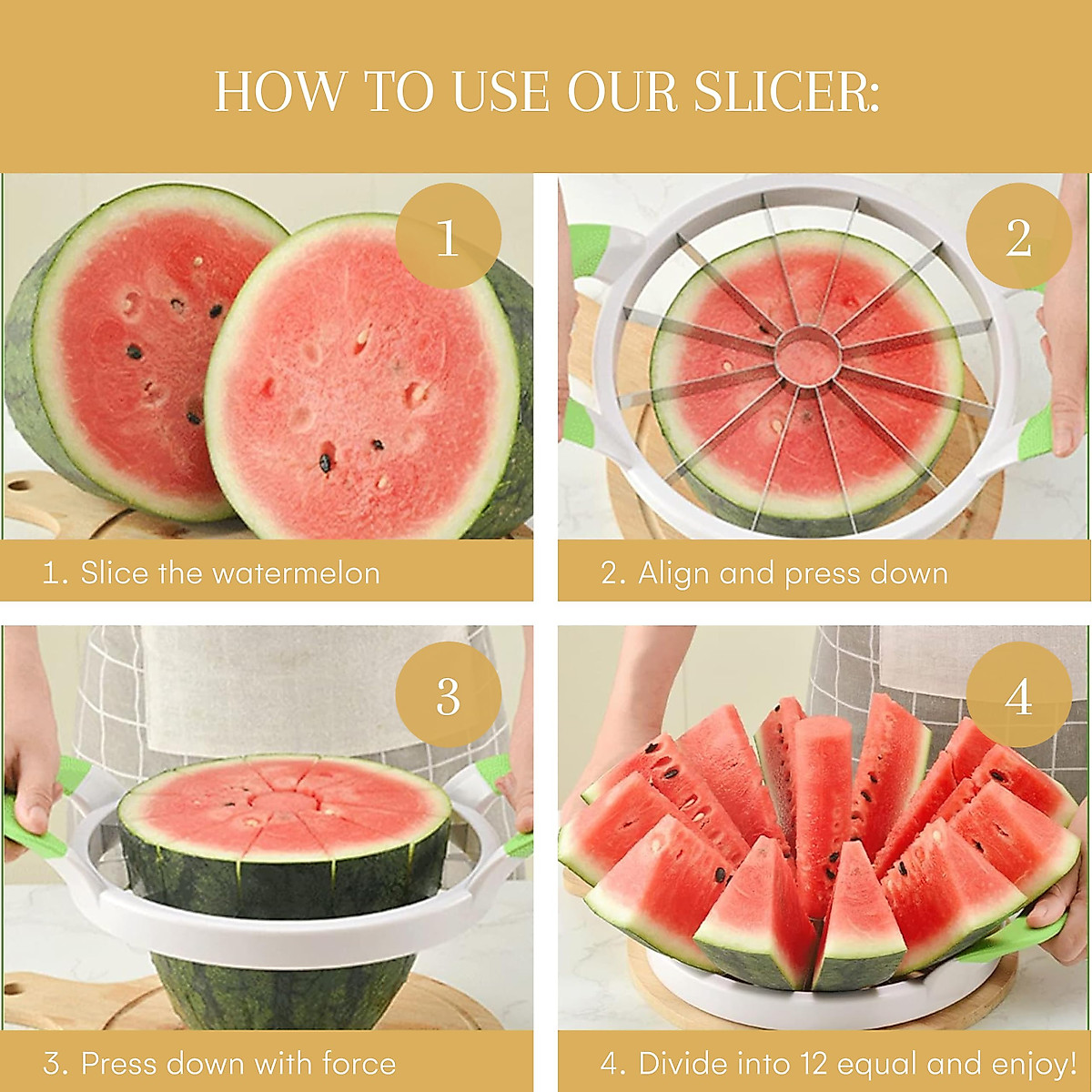 2LB Depot Watermelon Slicer - Versatile Melon Slicer and Fruit Divider with 12-Blade Uniform Slicer - Stainless Steel Blades - Easy-to-Use Handheld Cutting Tool - White & Green - 14.56Wx12.59Hx2.75L