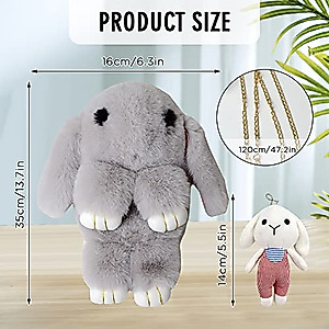 Faux Rabbit Fur Crossbody Handbag Shoulder Bag with Kawaii Bag Keychain, Stuffed Animal Backpack for School Girls, Easter Gifts for Toddlers Backpack for Girls Women (light grey)
