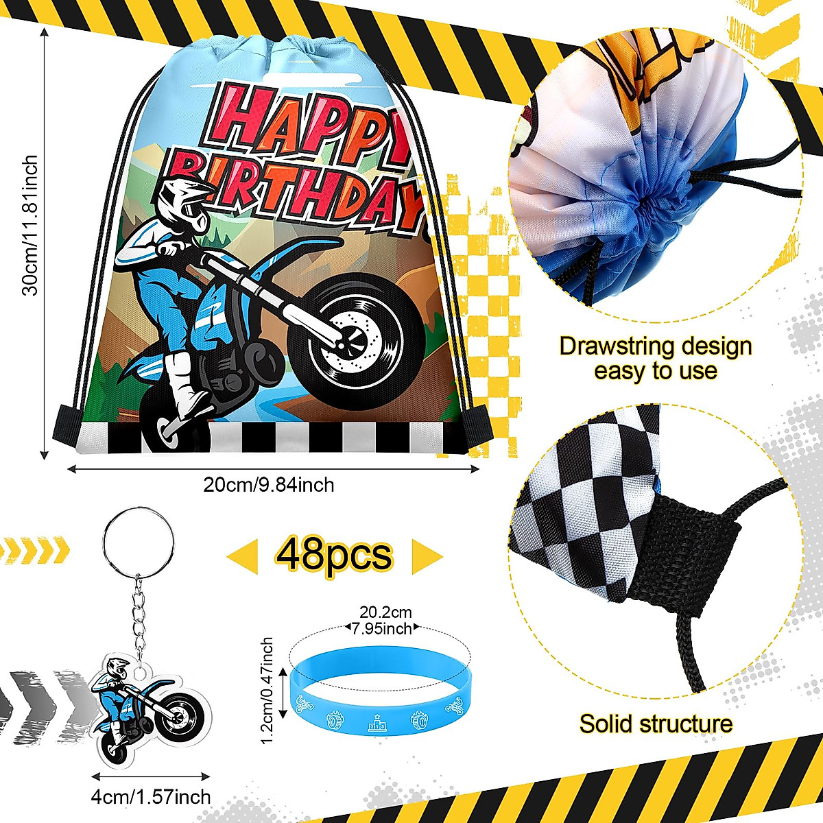 Talltalk 48 Pcs Dirt Bike Party Favors for Boy Motocross Birthday Decorations 16 Motorcycle Party Drawstring Bag Racing Candy Goodie Snacks Gift Bag 16 Wristband 16 Keychain for Baby Shower Birthday