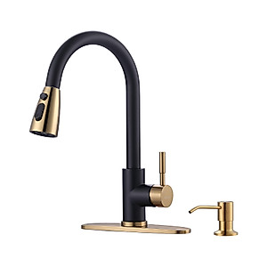 Black and Gold Kitchen Faucet with Soap Dispenser, WOWOW Stainless Steel Kitchen Sink Faucet Single Handle High Arc Utility Sink Faucet for Sink, RV, Laundry, Bar