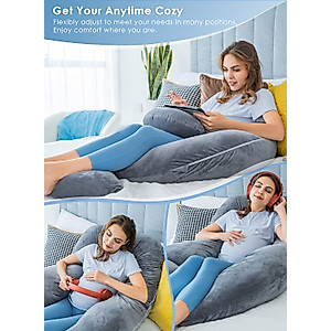 QUEEN ROSE Pregnancy Pillow, U Shaped Body Pillow for Sleeping, Maternity Pillows with Detachable Pillow for Side Sleepers Support, Grey Velvet Cover