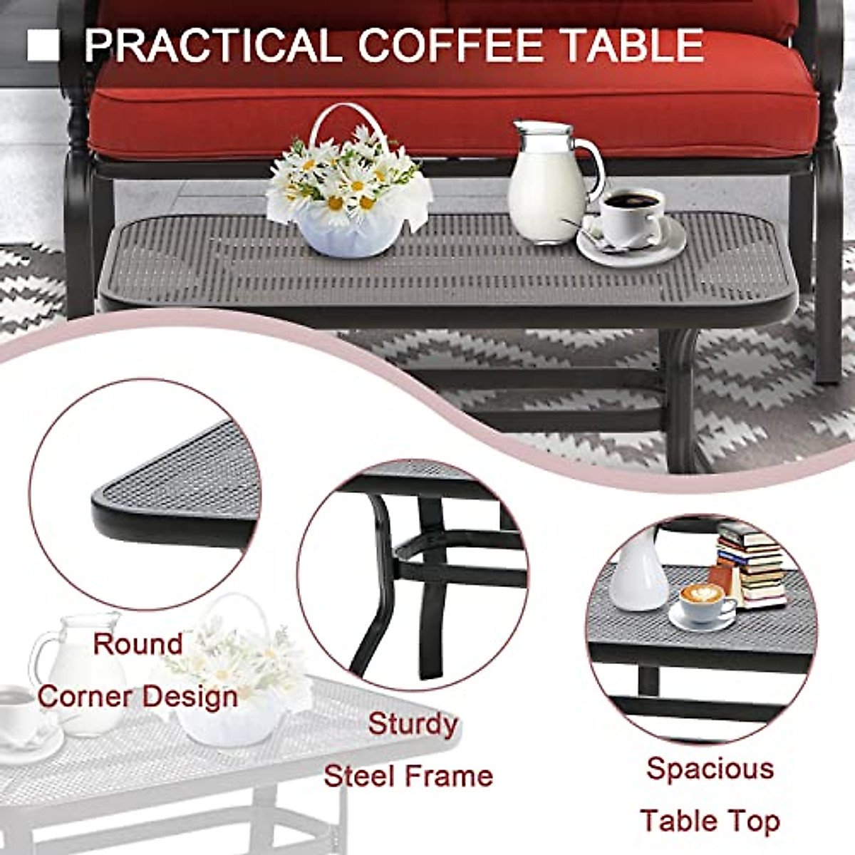 Incbruce Patio Loveseat with Coffee Table - Outdoor Bench with Cushion,2 Piece Wrought Iron Outdoor Loveseat Metal Frame Porch Furniture Set Bench for Patio, Poolside, Garden (Red)