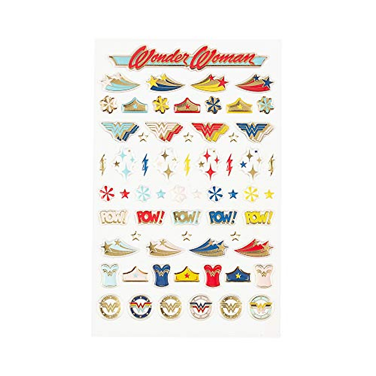 Wonder Woman x Erin Condren Designer Sticker Sheet - Classic Wonder Woman Epoxy High Gloss Stickers - 64 Stickers on Gold Foil Sheet for Customizing Planners, Notebooks, and More