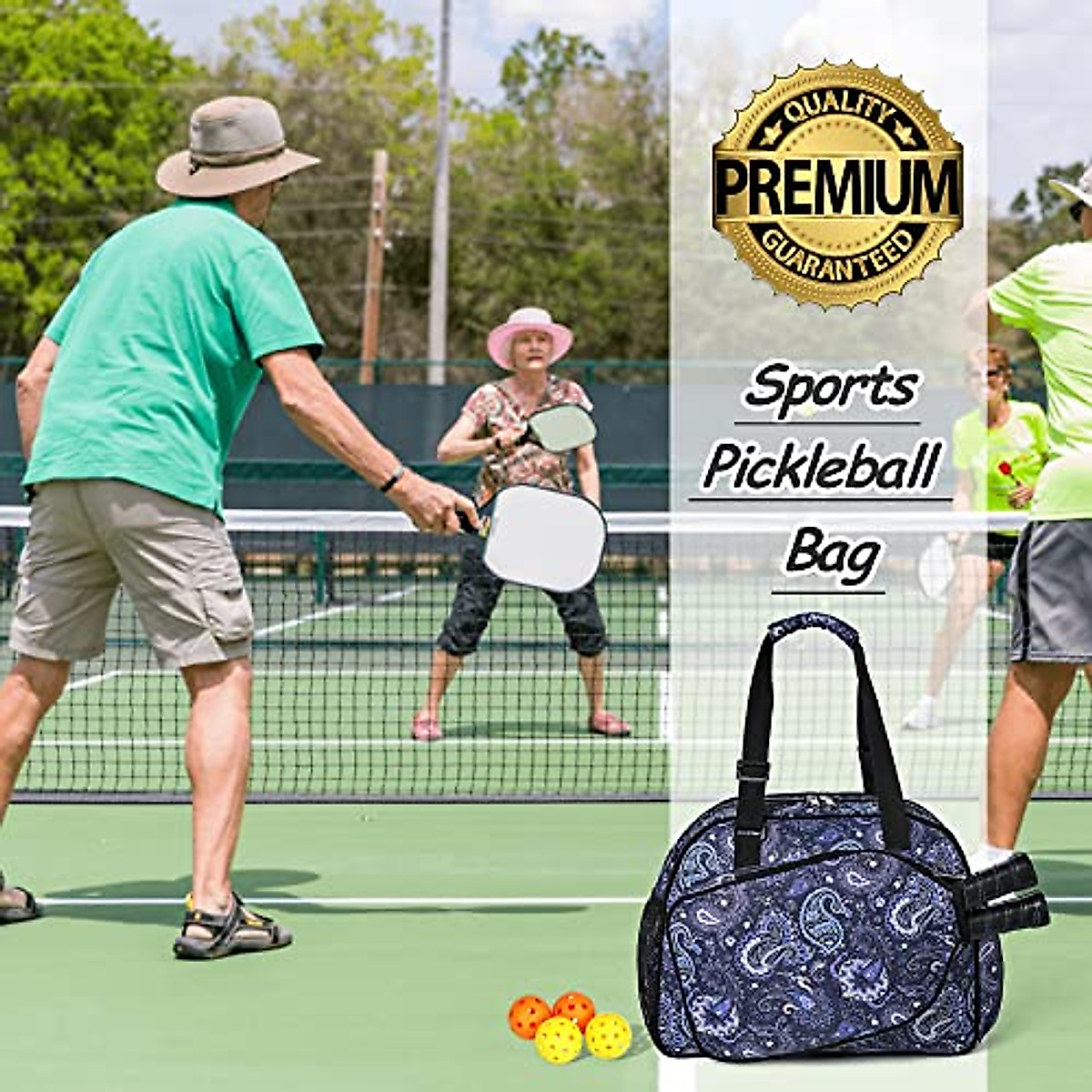 Boulder Bee | Premium Pickleball Bags | PickleBall Tote Bag for Women | Women’s Hand/Shoulder Gym Bag w Water Bottle Holder | With Racquet/Paddle Holder (Blue cashew flower)