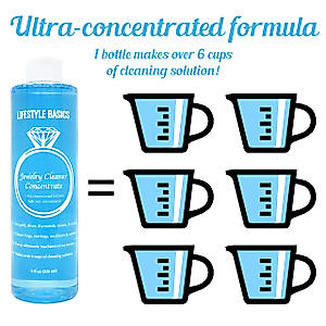 Lifestyle Basics Jewelry Cleaner Solution Liquid Concentrate 8 oz | Cleans Rings, Earrings, Necklaces, Eyewear | Safe for Diamonds, Gold, Silver, Gemstones, and Metals | 1 Bottle Makes 8 Cups