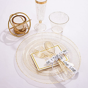 WDF 120PCS Gold Plastic Plates- Disposable Gold Glitter Plates, Premium Heavy Duty 60-10.25" Dinner Plates and 60-7.5" Salad Plates for Parties &Wedding