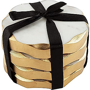 James Scott Marble Coasters - Set of 4 Round Natural Coasters with Gold Edges - Beautiful Gift